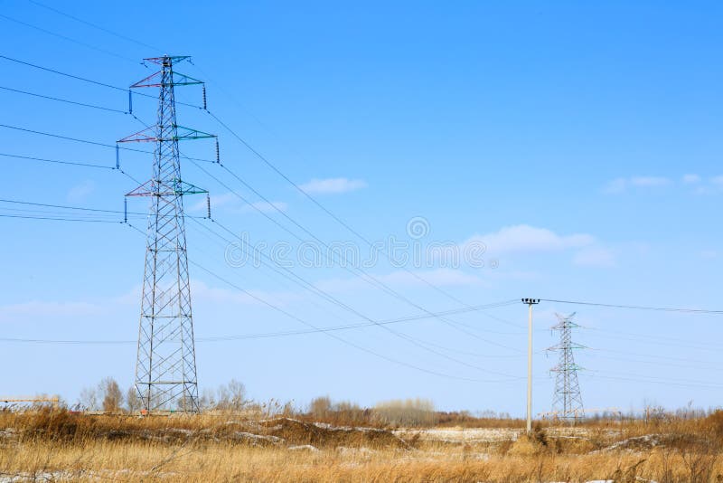 High Tension Cable Metal Tower Frame in Blue Sky Stock Photo - Image of ...