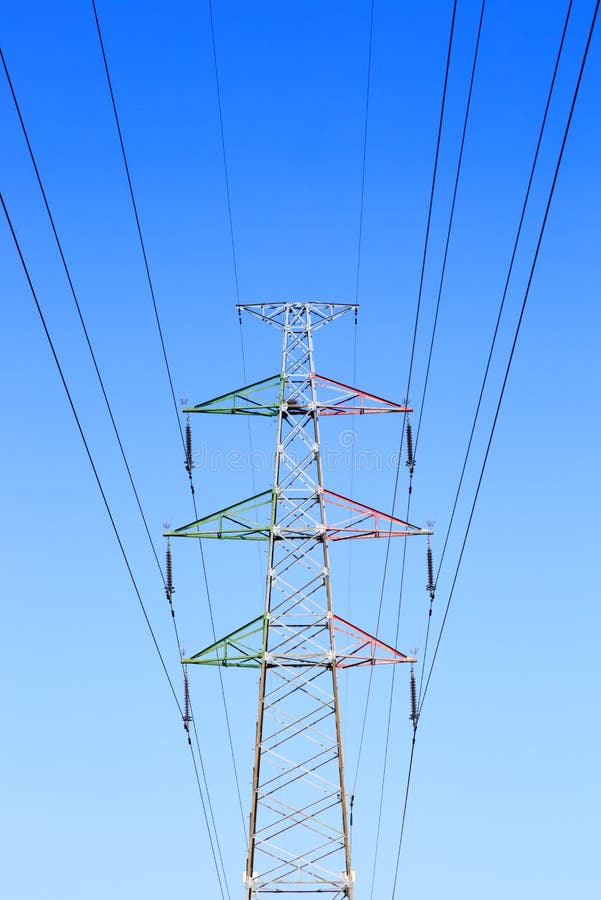 High Tension Cable Metal Tower Frame in Blue Sky Stock Photo - Image of ...