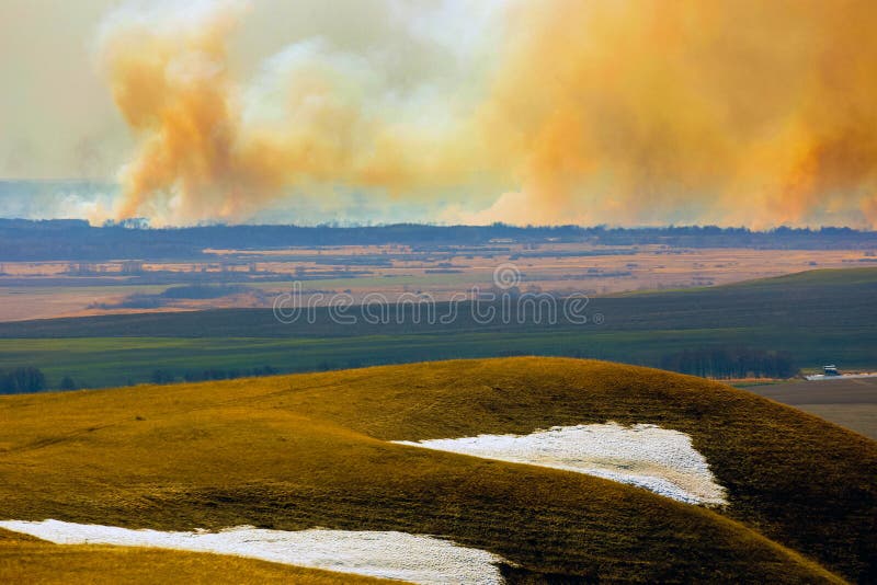 High Thick Smoke during a Fire in the Steppe Stock Image - Image of ...