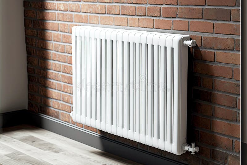 High and Thin White Heating Radiator Installed on Brick Wall Stock ...