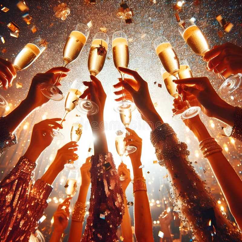 A High Toast of Champagne Glasses with Gold Glitter in Background Stock ...