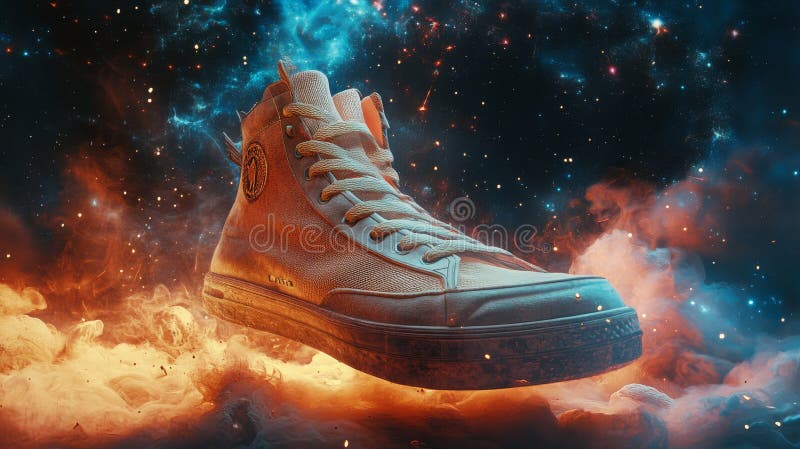 High-top Sneaker in Space with Fiery Clouds and Cosmic Background Stock ...