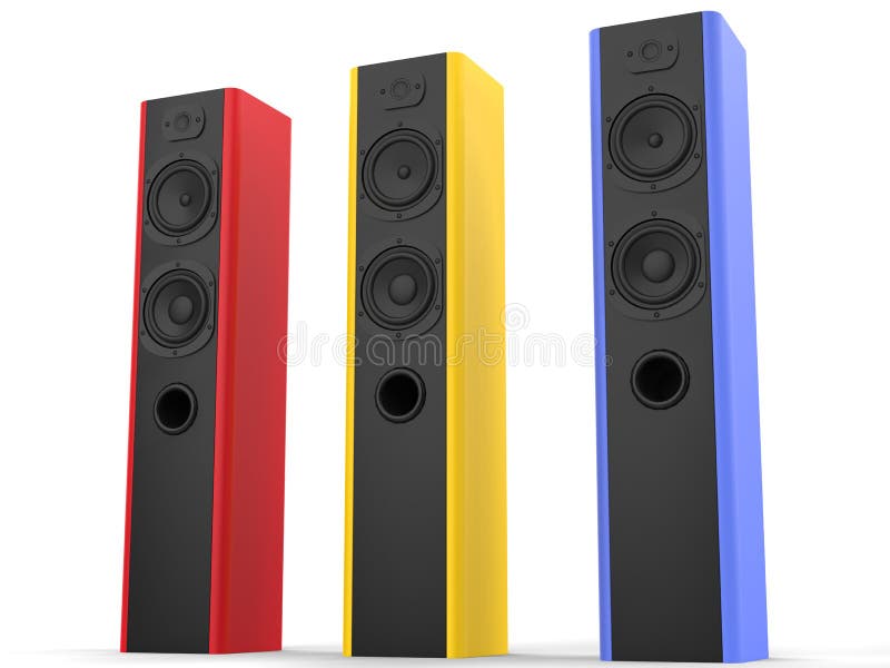 High Tower Music Speakers with Red, Blue and Yellow Side Panels Stock ...