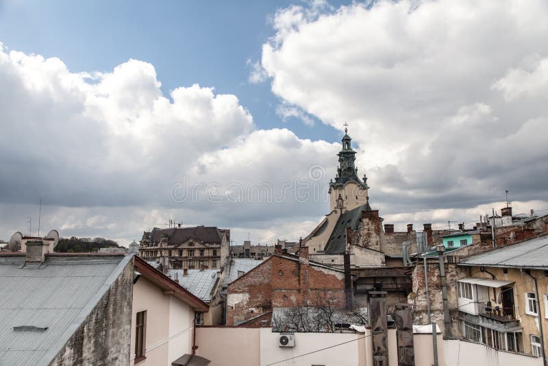 High Tower among Old Roofs, Lviv Stock Photo - Image of aerial, europe ...