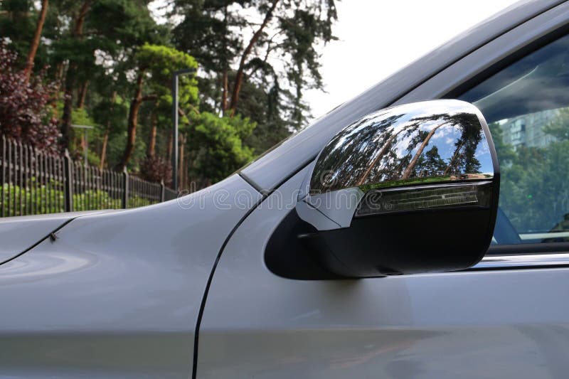 High Trees Reflects in a Shiny Car Mirror Panel Stock Photo - Image of ...