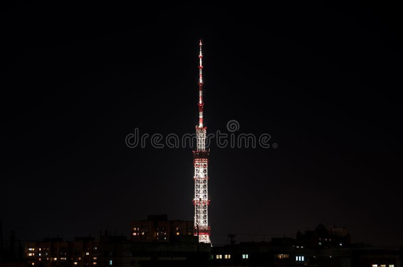 High TV tower in the night stock image. Image of details - 69539137