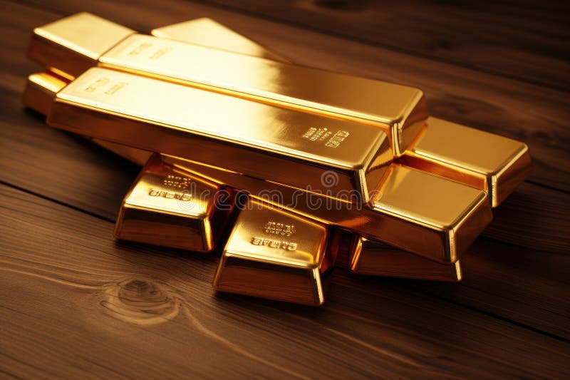 A High-value Display of Gold Bars Arranged in a Stack on a Solid Wooden ...