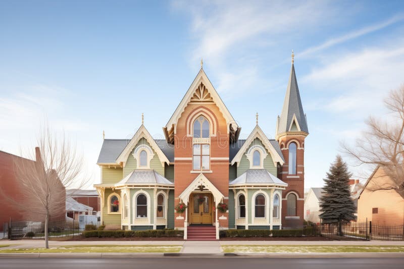 High Victorian Gothic Home with Arched Windows Stock Image - Image of ...