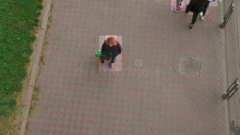 High View Camera of People Walking. Facial Recognition Interface Scans ...