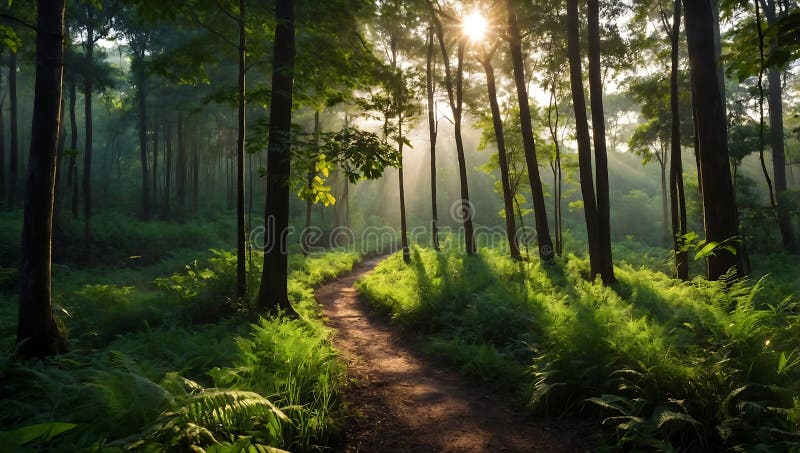 High View of Dense Green Forest Morning Sunlight Stock Illustration ...