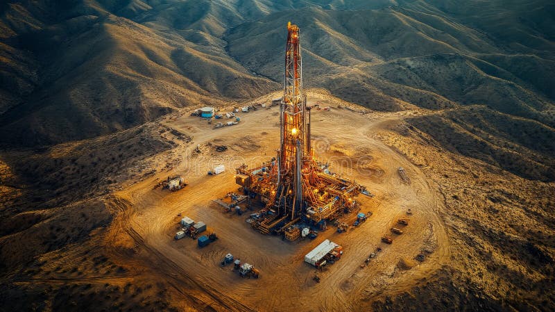 High View of a Drilling Rig in an Expansive Desert Landscape during ...