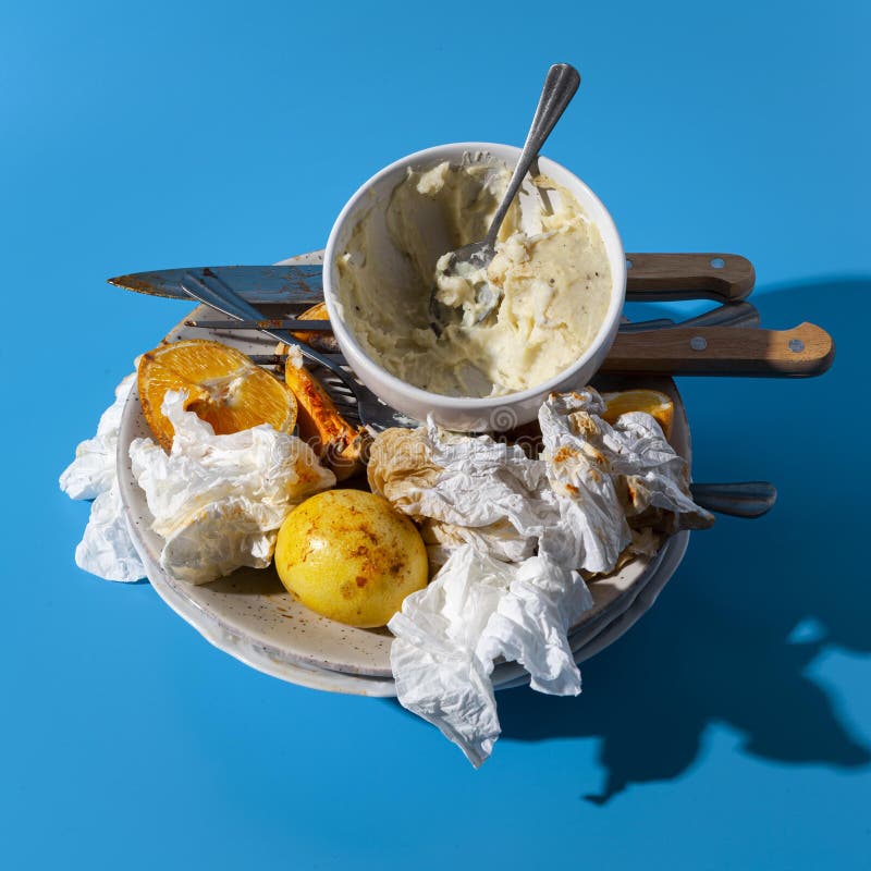 High View Leftover Foodstuff Used Napkins. High Quality Photo Stock ...