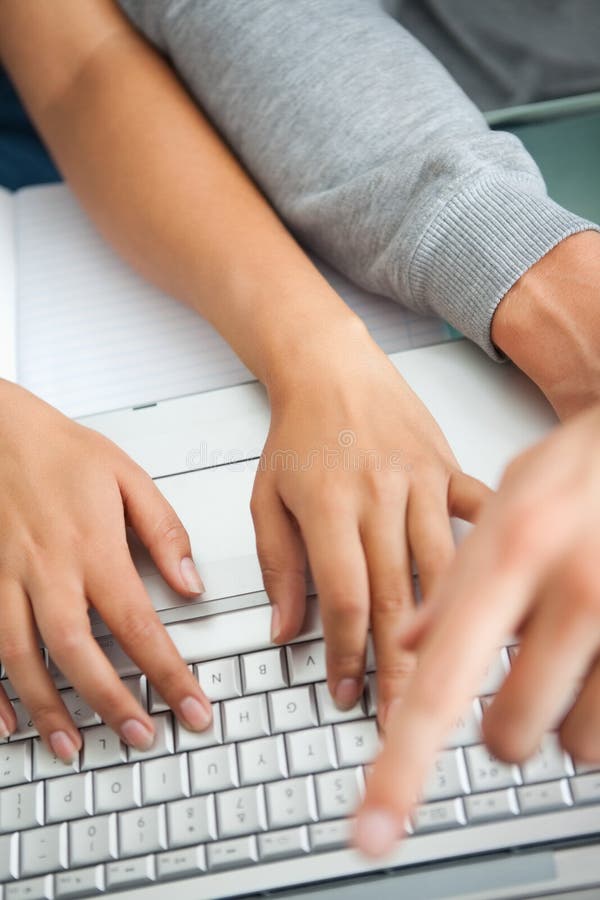 High View of Students Hands Working with a Laptop Stock Image - Image ...