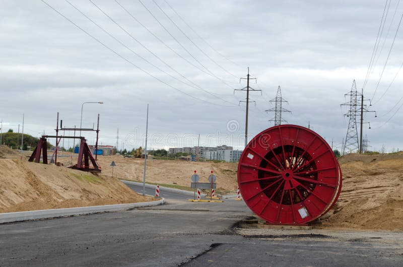 High Voltage Cable Reels Road Construction Stock Image - Image of pole ...