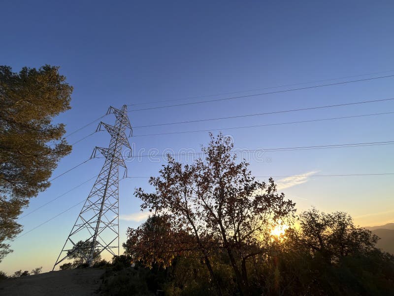 High Voltage Cable Tower during Sunset Stock Photo - Image of ...