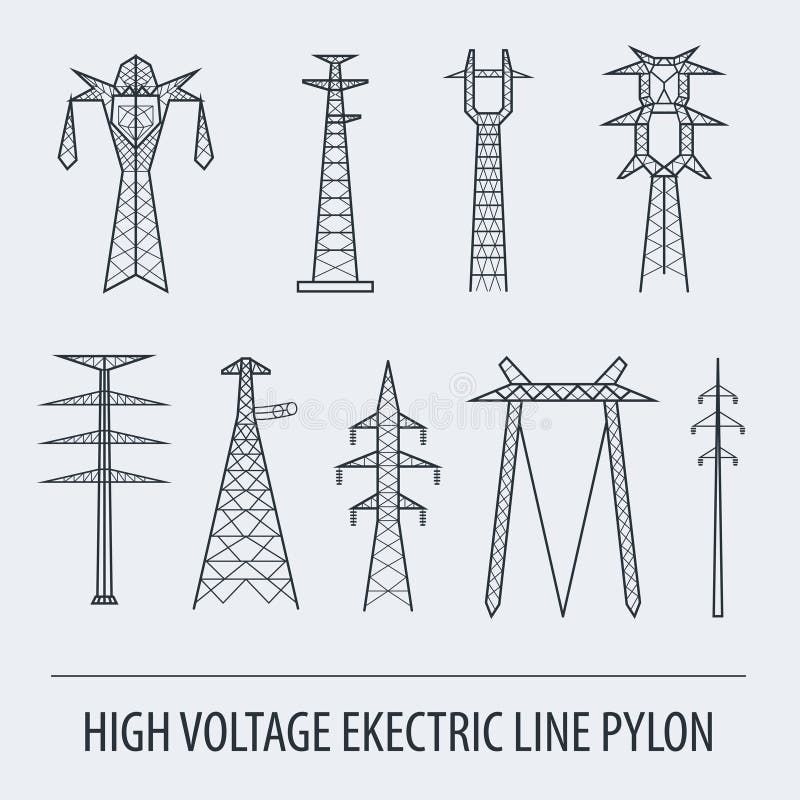 High Voltage Electric Line Pylon. Icon Set Suitable for Creating Stock ...