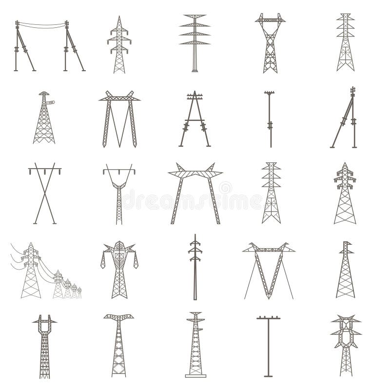 Set of Power Lines and Electric Pylons Stock Vector - Illustration of ...