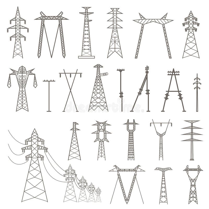 Set of Power Lines and Electric Pylons Stock Vector - Illustration of ...