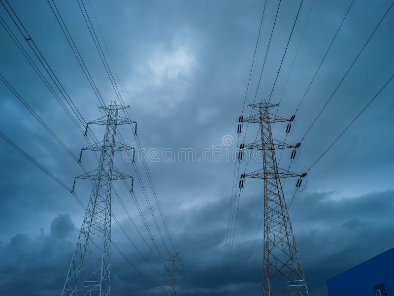 High Voltage Electric Pole in Rain Storm Stock Photo - Image of ...
