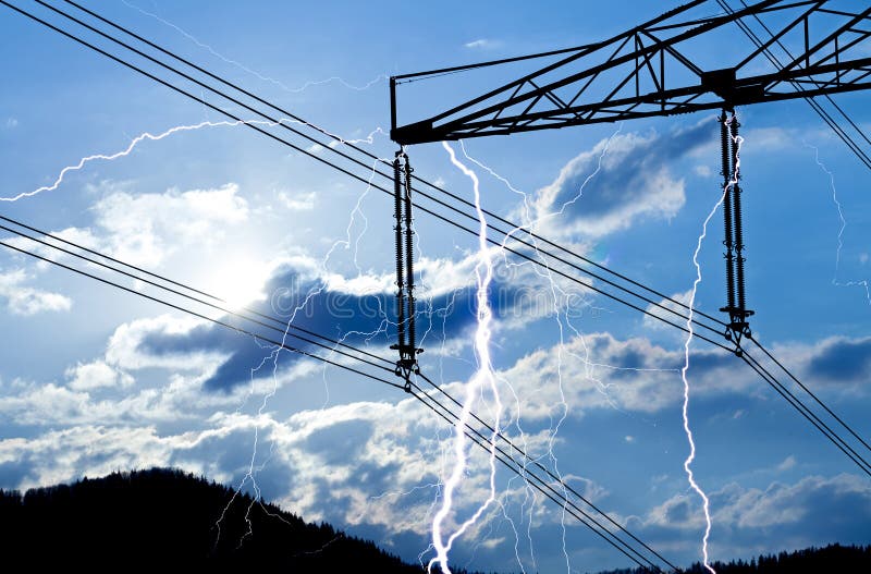 High Voltage Electric Power Lines with Lightnings Stock Image - Image ...