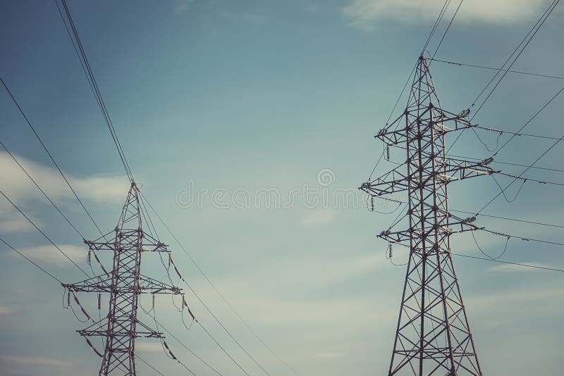 High Voltage Electric Pylon and Electrical Wire with Blue Sky ...