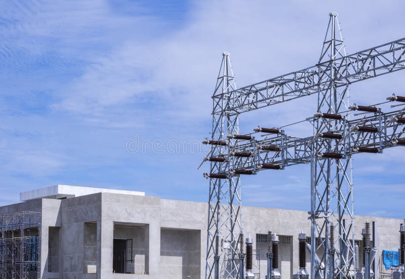 High Voltage Electric Pylon Structure with Power Distribution Building ...