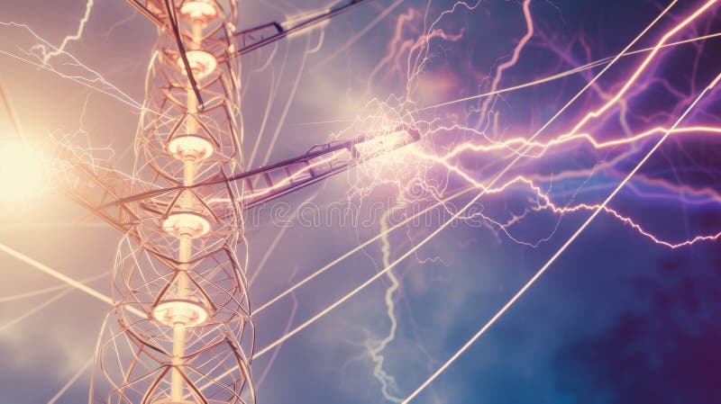 High Voltage Electric Tower with Lightning Arcs Stock Photo - Image of ...