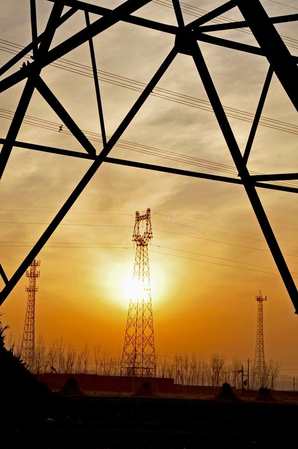 High Voltage Electric Tower Line Stock Photo - Image of plants, blue ...