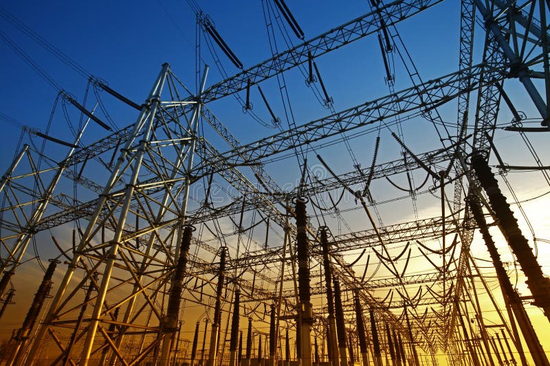 High Voltage Electric Tower Line Stock Photo - Image of building ...