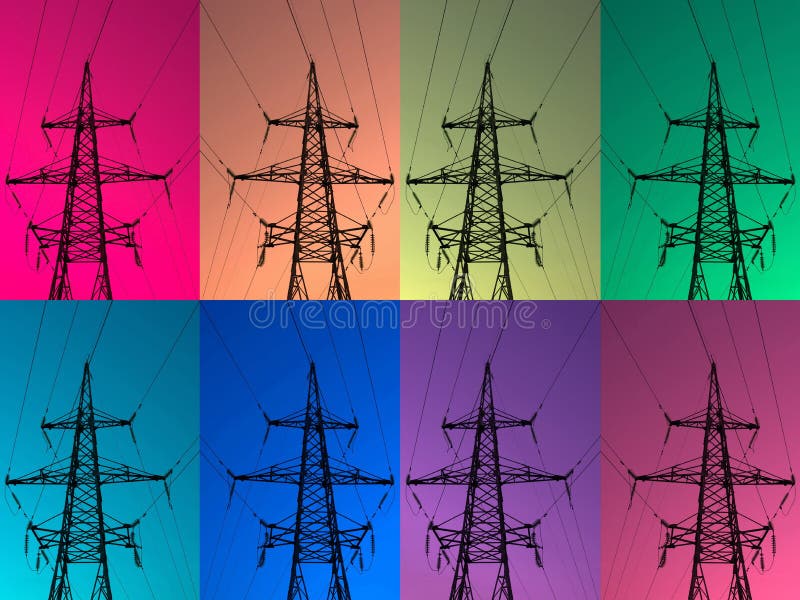 High Voltage Electric Tower Silhouette on Bright Background. Collage ...
