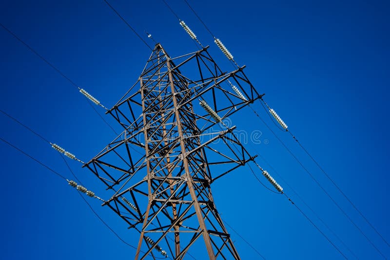 High Voltage Electrical Support on Blue Sky Background Stock Image ...
