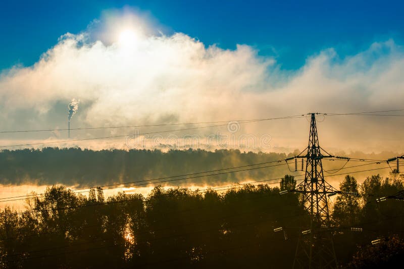 High-voltage Electrical Tower in the Fog Stock Photo - Image of ...