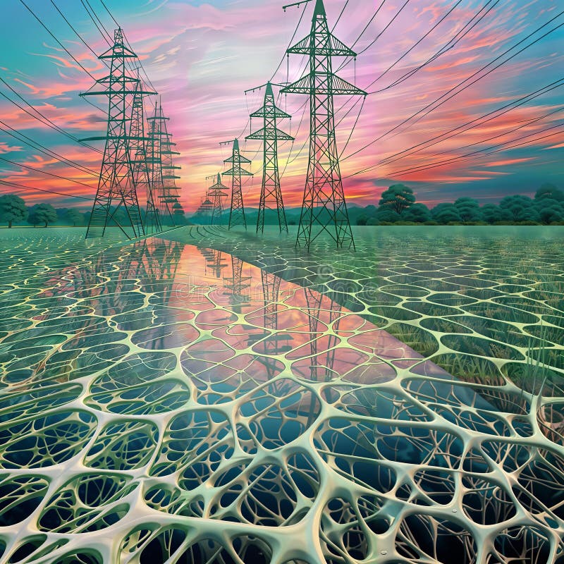 High Voltage Electricity Pylons at Sunset. 3D Render, Generative Ai ...