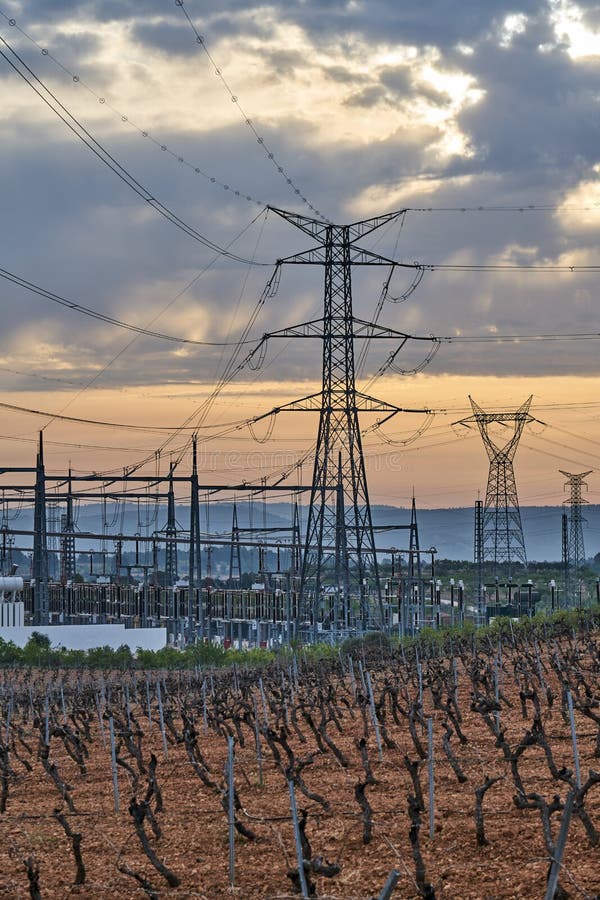 High Voltage Electricity Station Surrounded by Vineyards Stock Image ...