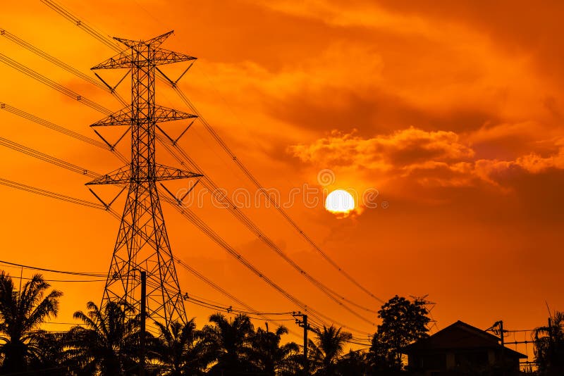 High-voltage Electricity Tower with Sunset Sky. Stock Photo - Image of ...