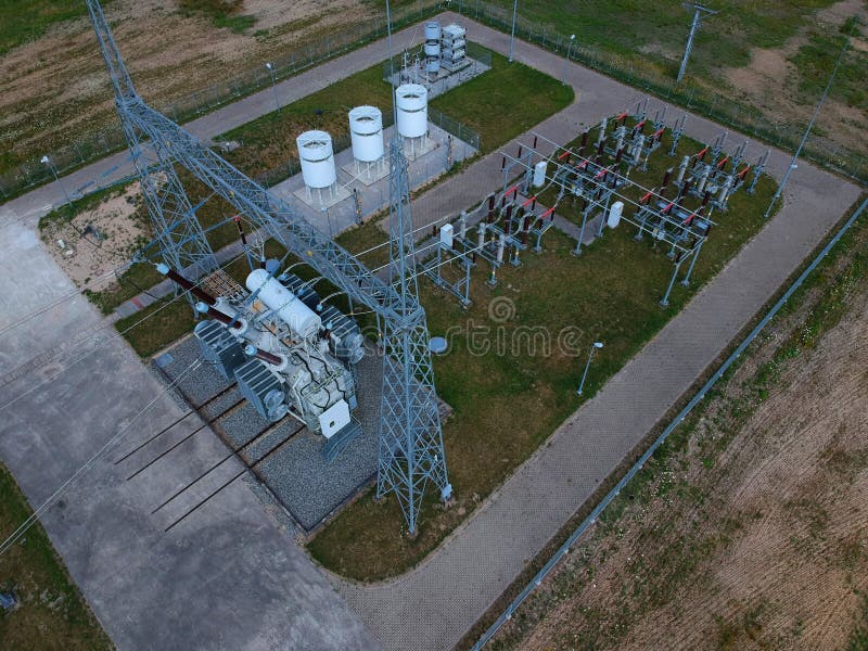 High Voltage Energy Transformer Station in Forest, Aerial View Stock ...
