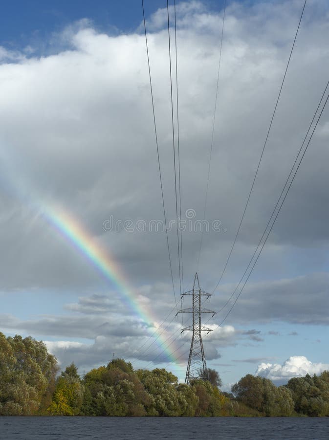 High-voltage Line, Clouds and Rainbow Stock Photo - Image of energy ...