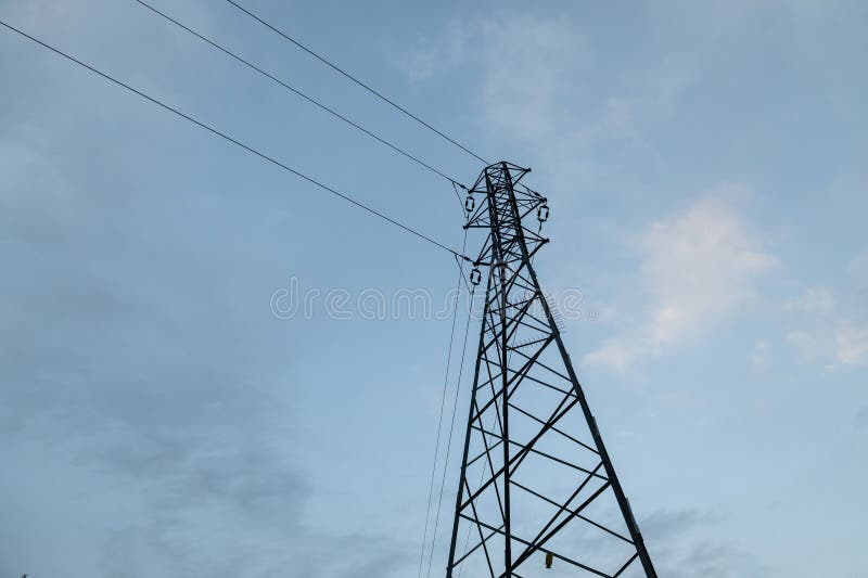 High Voltage Line and Electric Pole, Blue Sky Background Stock Image ...