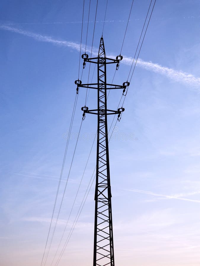 High-voltage Lines and Cables Onthe Blue Sky Background Stock Photo ...