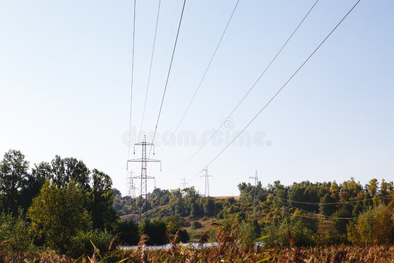 High-voltage Lines. Electric Line among Nature Stock Image - Image of ...