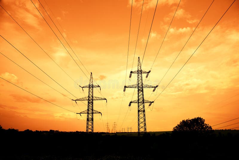 High-voltage Networks at Sunset Stock Photo - Image of tower, industry ...