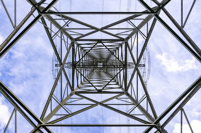 High Voltage Pole Steel Construction with Wires from Below Stock Image ...