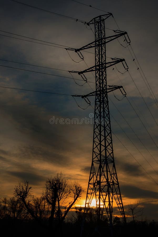 High Voltage Pole in Sunset Stock Photo - Image of environment, tension ...