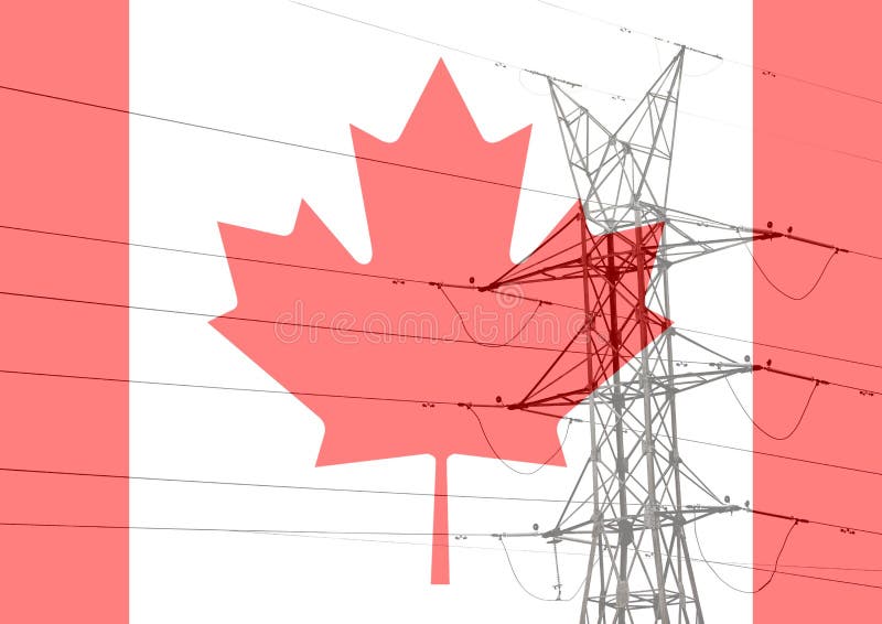 High Voltage Post or High Voltage Tower with Flag of the Canada. Energy ...