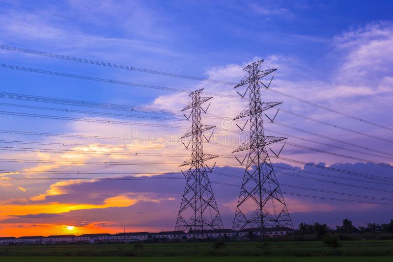 High Voltage Post Tower and Power Line on Sunset Sky Background Stock ...