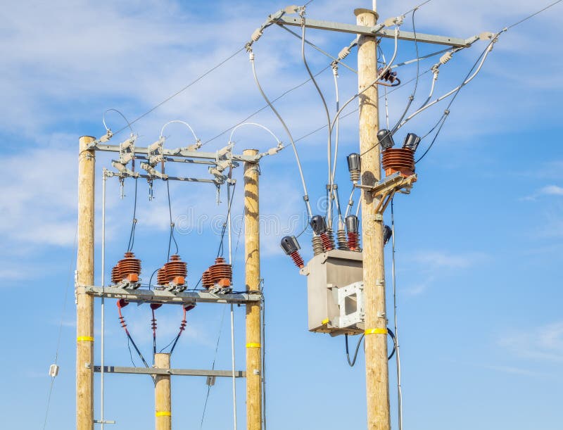 High Voltage Power Divider and Transformer on Blue Sky Stock Image ...