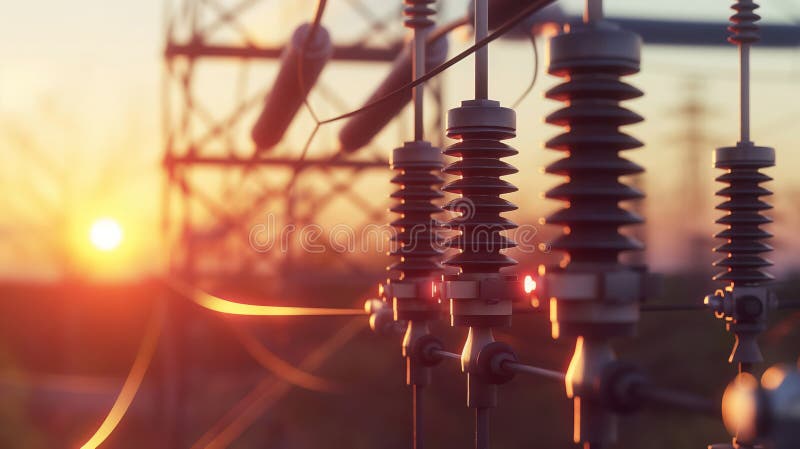 High Voltage Power Grid Power Lines with Sunset in the Background Stock ...