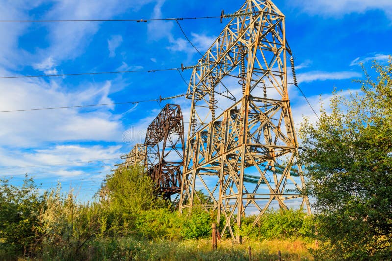 High Voltage Power Line Against Blue Sky Stock Image - Image of ...