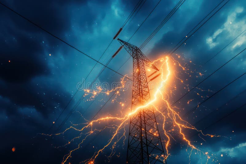 High Voltage Power Line Break during Electrical Storm Stock Image ...