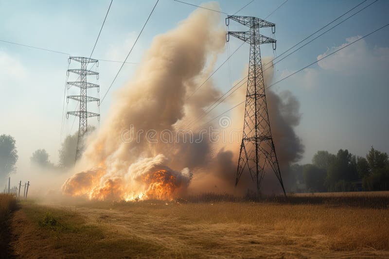 High-voltage Power Line Breaking, Causing Sparking and Smoke Stock ...